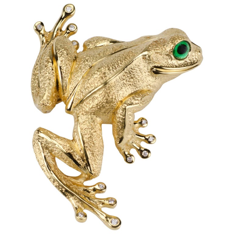 Yellow Gold Frog Brooch Lapel Pin with Diamond Toes and Tsavorite Eyes ...