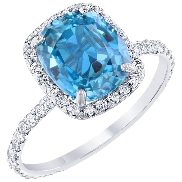 4 27 Carat Blue Zircon Diamond Engagement Ring In 18 Karat White Gold