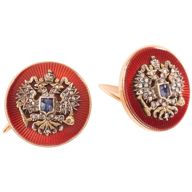Russian Enamel Cufflinks, St. Petersburg, circa 1895, Gold, Sapphires ...
