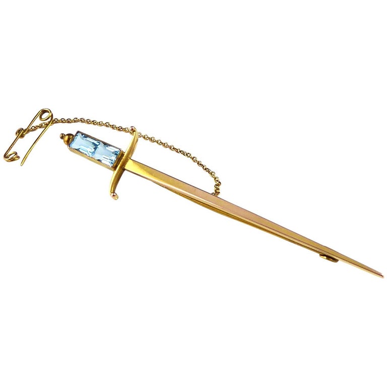 Edwardian Dagger Brooch in 9 Carat Gold with Blue Emerald Cut Paste ...