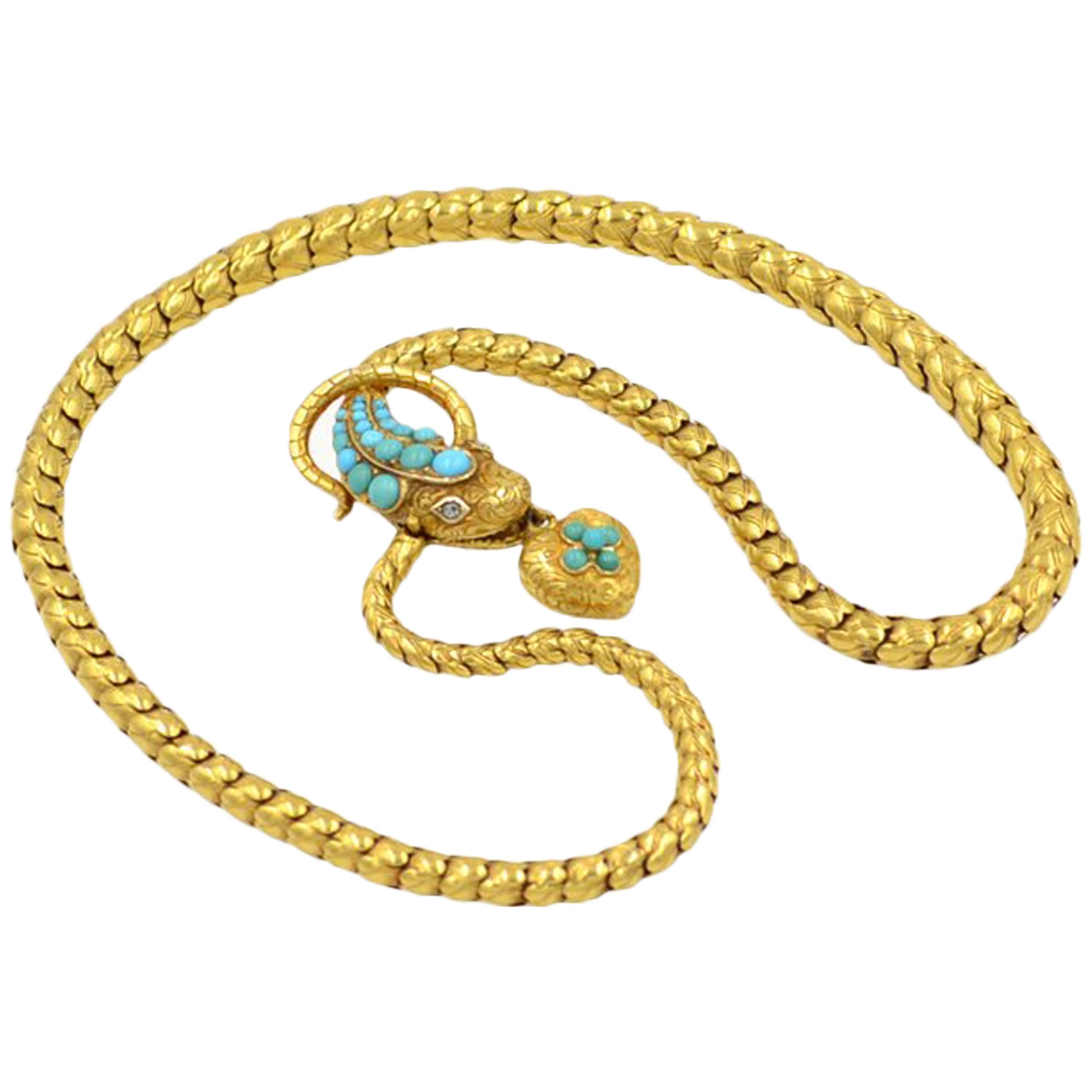 Victorian 18 Karat Yellow Gold and Turquoise Snake Locket Necklace ...