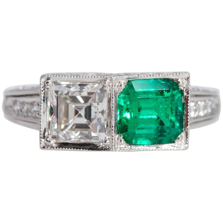 Two-Stone Platinum Ring Square Diamond and Square Emerald GIA For Sale ...