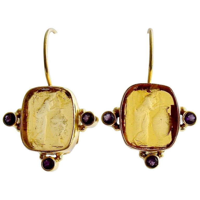 Citrine Venetian Glass Intaglio Earrings Amethyst at 1stDibs