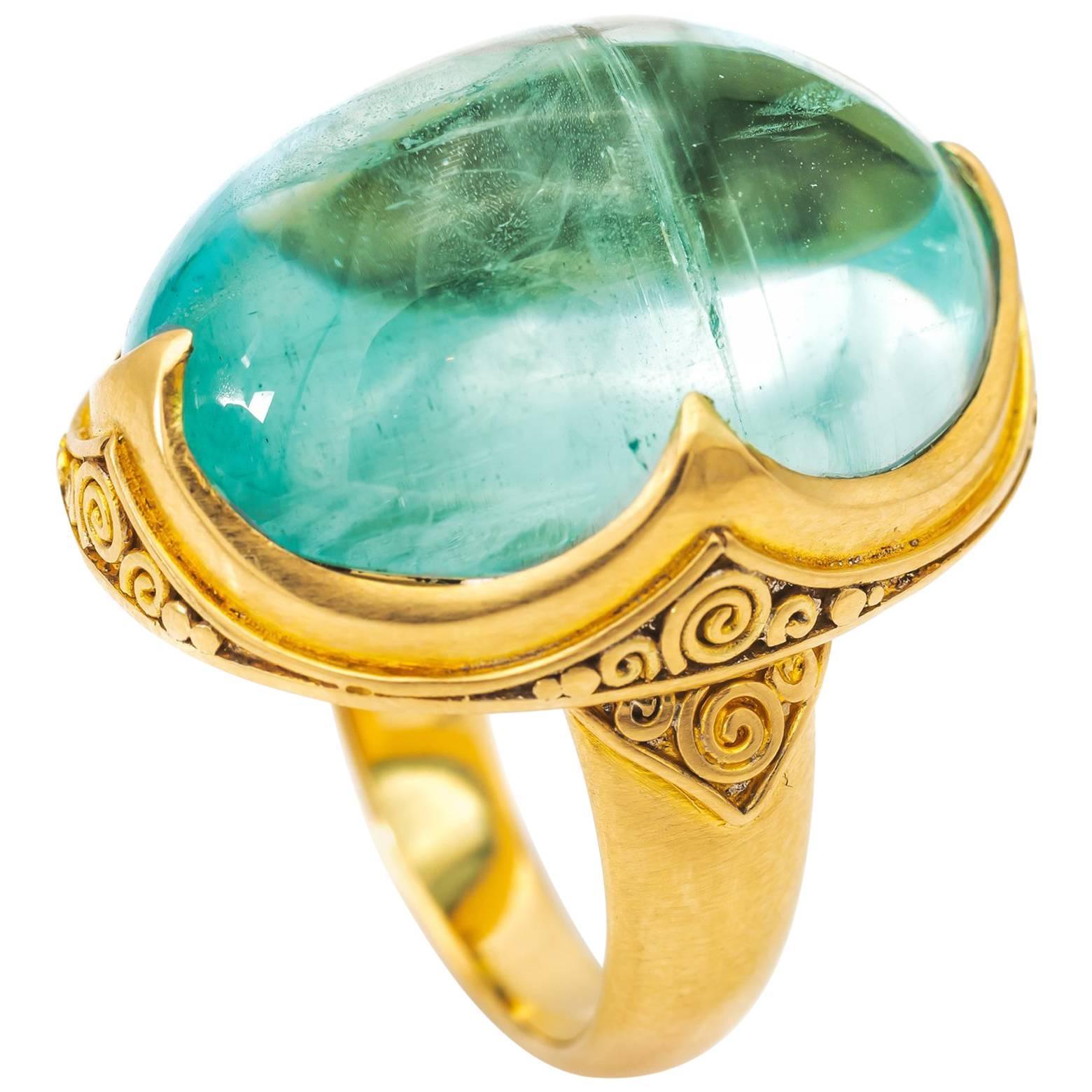 Large Oval Aquamarine Cabochon Ring 27.20 Carat For Sale at 1stDibs