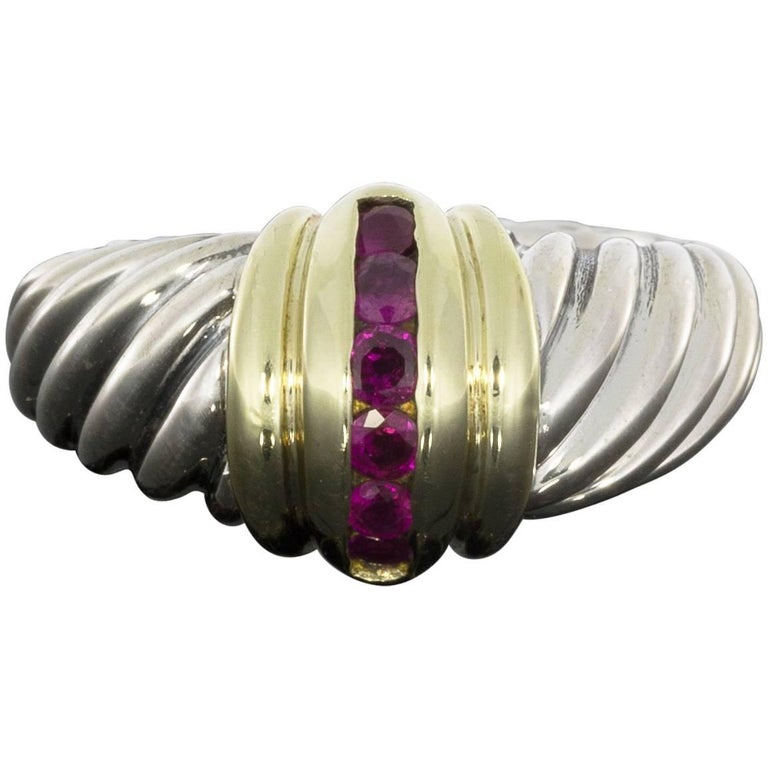 David Yurman Ruby Channel Centre Cable Dome Silver and Gold Ring at 1stDibs
