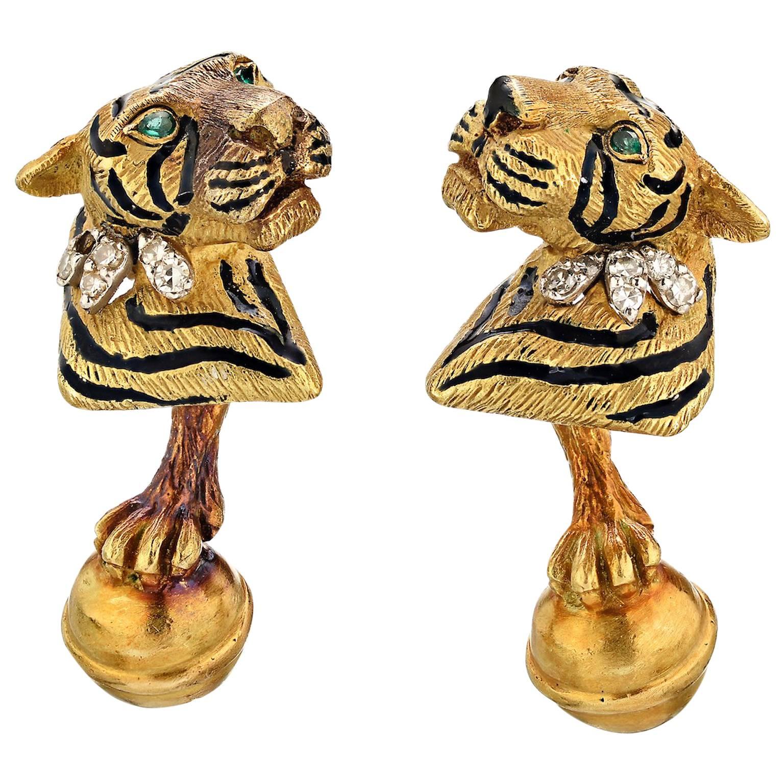 Tiffany and Co. Diamond, Enamel Gold Tiger Cufflinks at 1stDibs