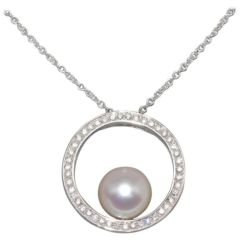 Cultured Pearl And White Diamonds On White Gold Chain Balanced Pendant