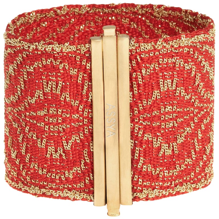 Gold Vermeil and Red Silk Woven Cuff Bracelet For Sale at 1stDibs