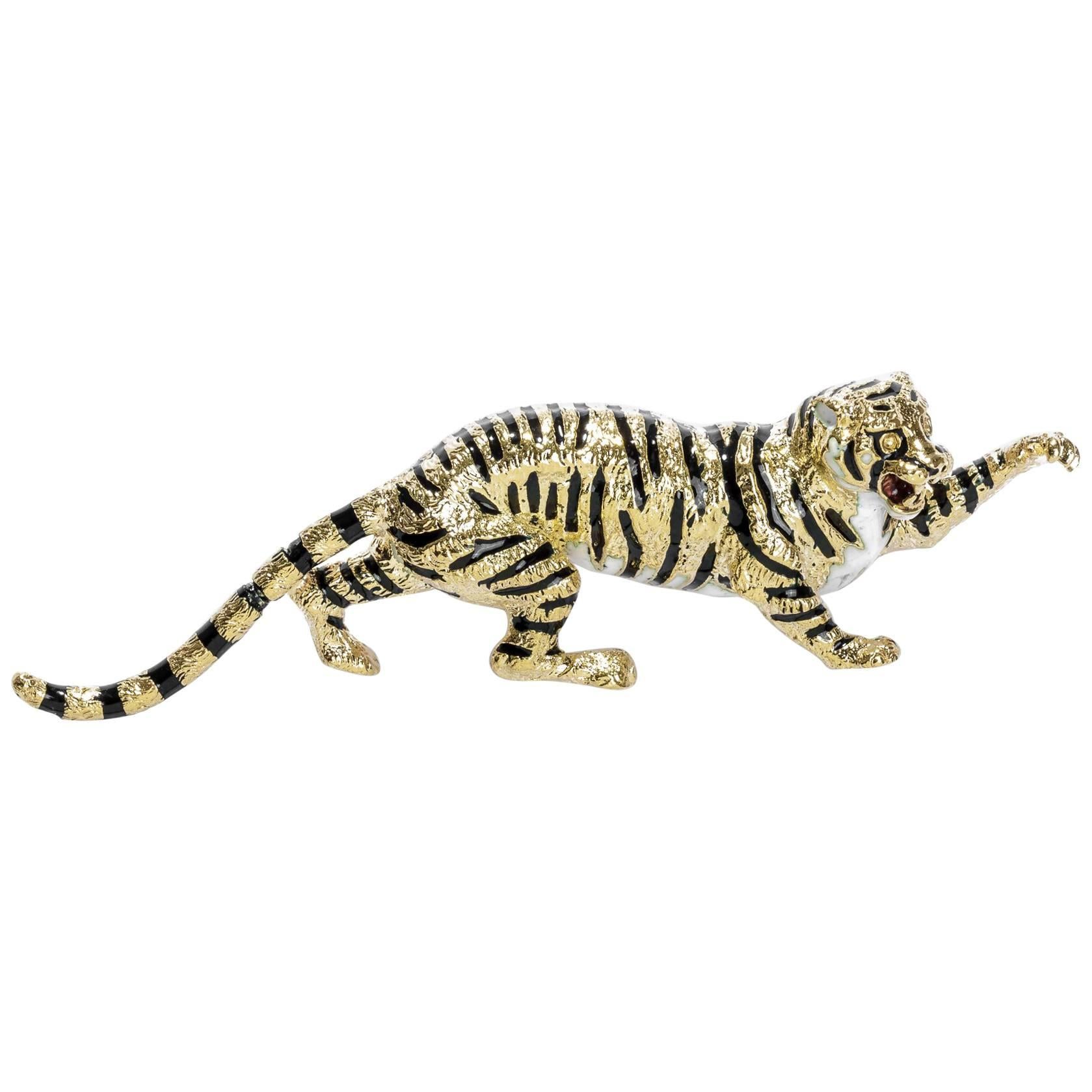 Vintage Handmade 18 Karat Yellow Gold and Ceramic Tiger Pin at 1stDibs ...