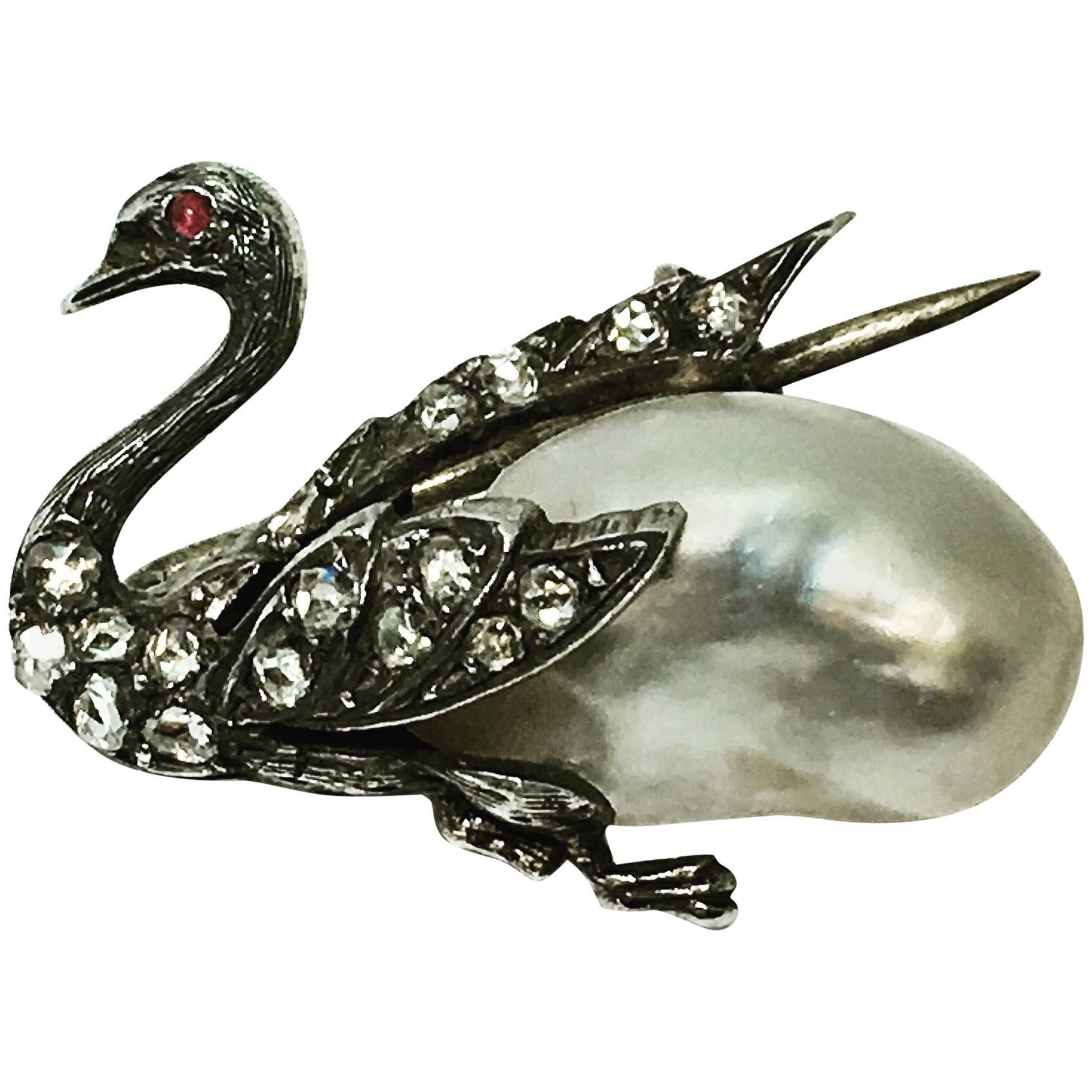 Antique Swan Diamond and Natural Pearl Brooch at 1stDibs
