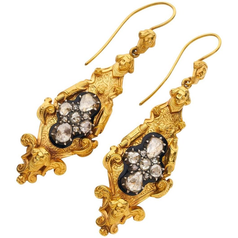 Yellow Gold Repousse Style Early Victorian Diamond Drop Earrings at 1stDibs