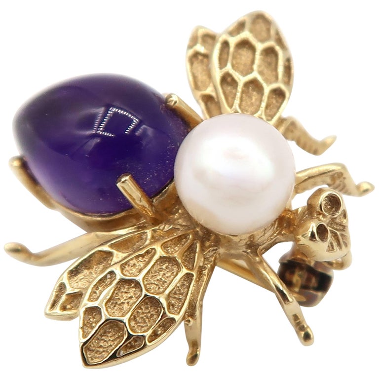 Boon Amethyst Pearl Miniature Bee Gold Brooch at 1stDibs
