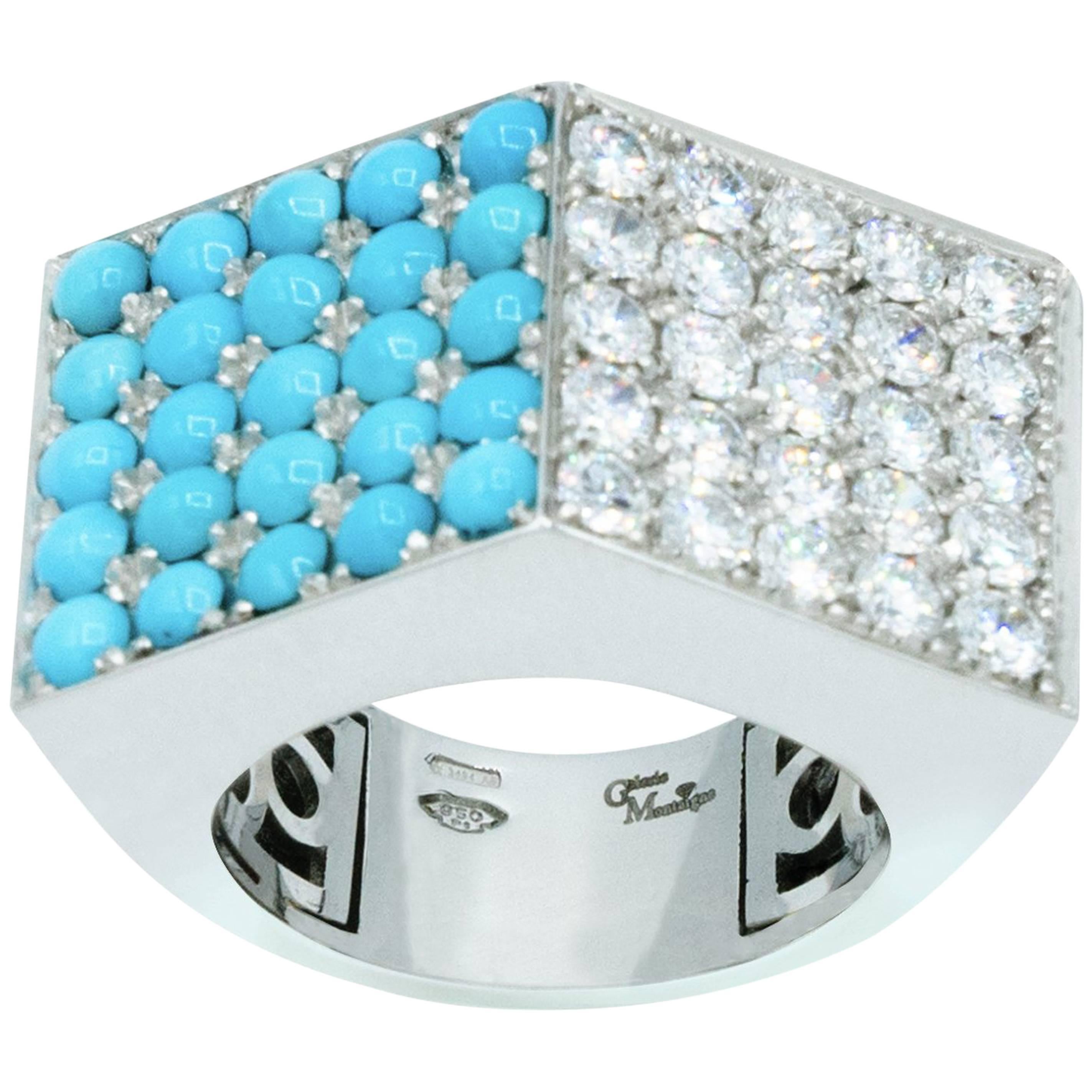 Large Turquoise Stone in Diamond Surround and Gold Ring Presented by ...