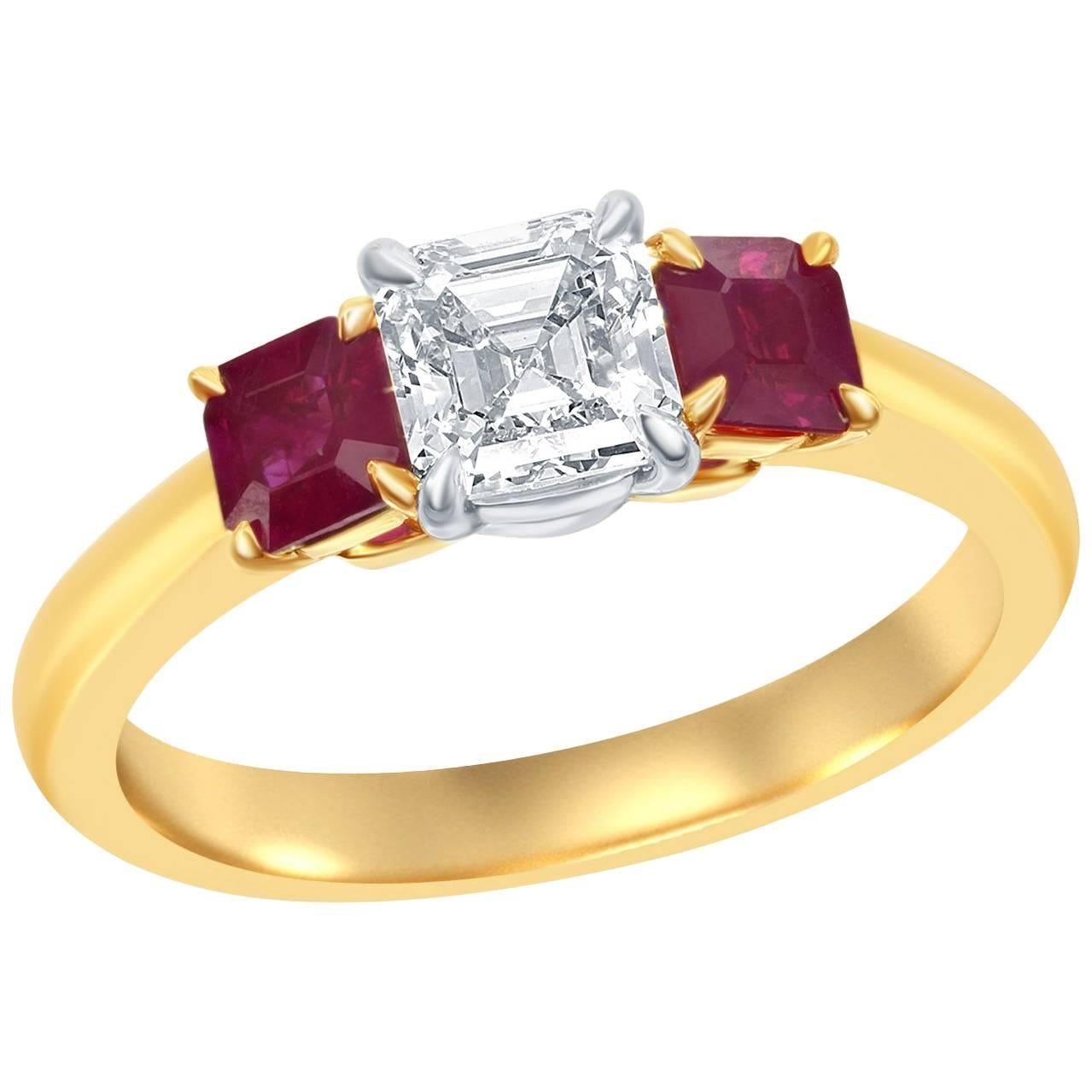 Three-Stone Ruby and Diamond Engagement Ring For Sale at 1stDibs