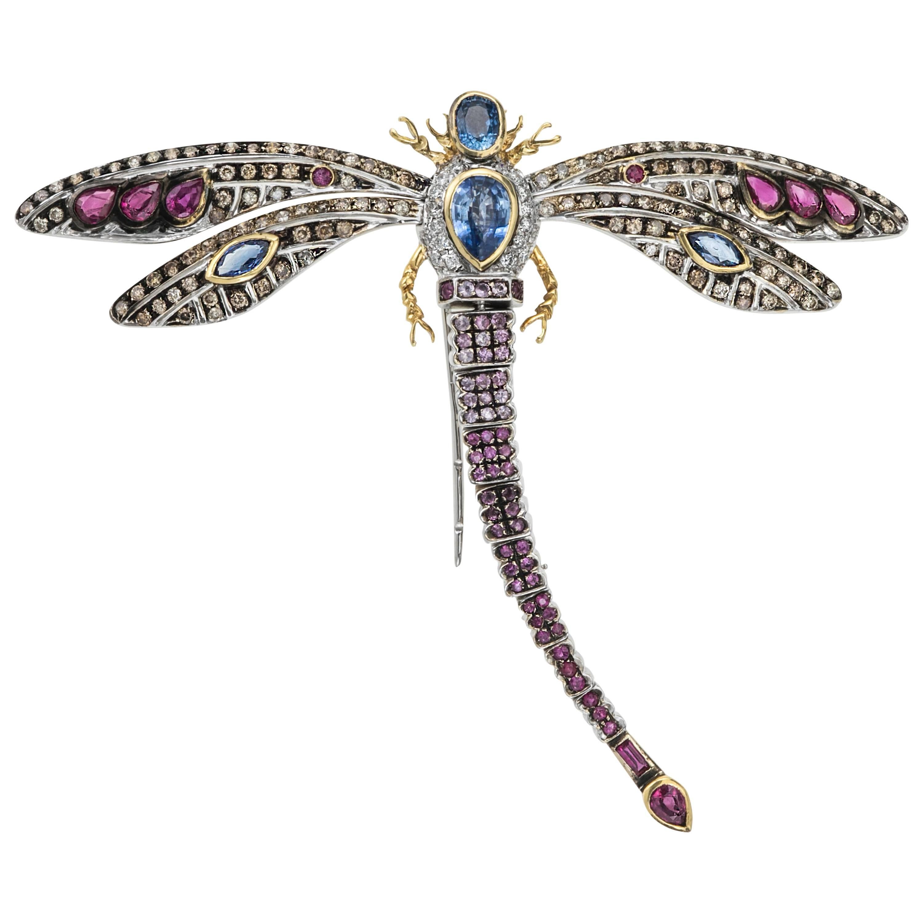 18 Karat Diamond Ruby Sapphire Dragonfly Brooch at 1stDibs