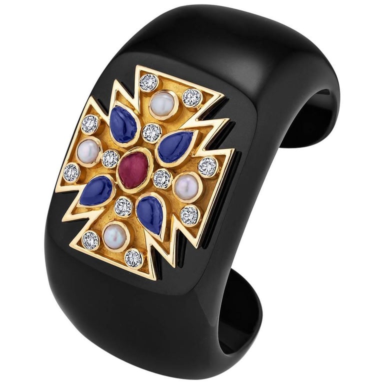 Verdura Black Jade Diamond Ruby Sapphire Pearl Gold Maltese Cuff For ...