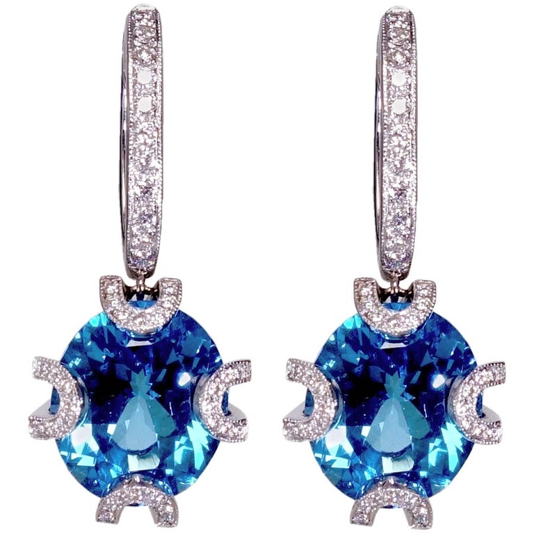 Highly Crafted 18K Gold Diamond Earrings with Electric Blue Zircon ...