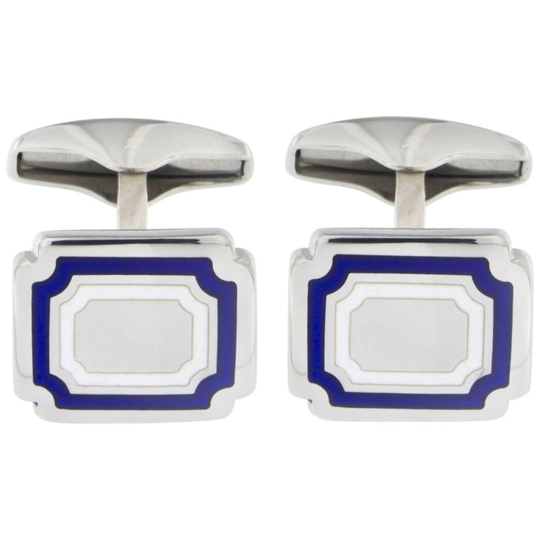 Alex Jona Sterling Silver Blue White Enamel Rectangular Cufflinks For Sale at 1stDibs