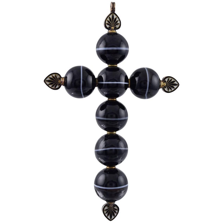 Large Victorian Banded Agate, Gold and Enamel Cross For Sale at 1stDibs