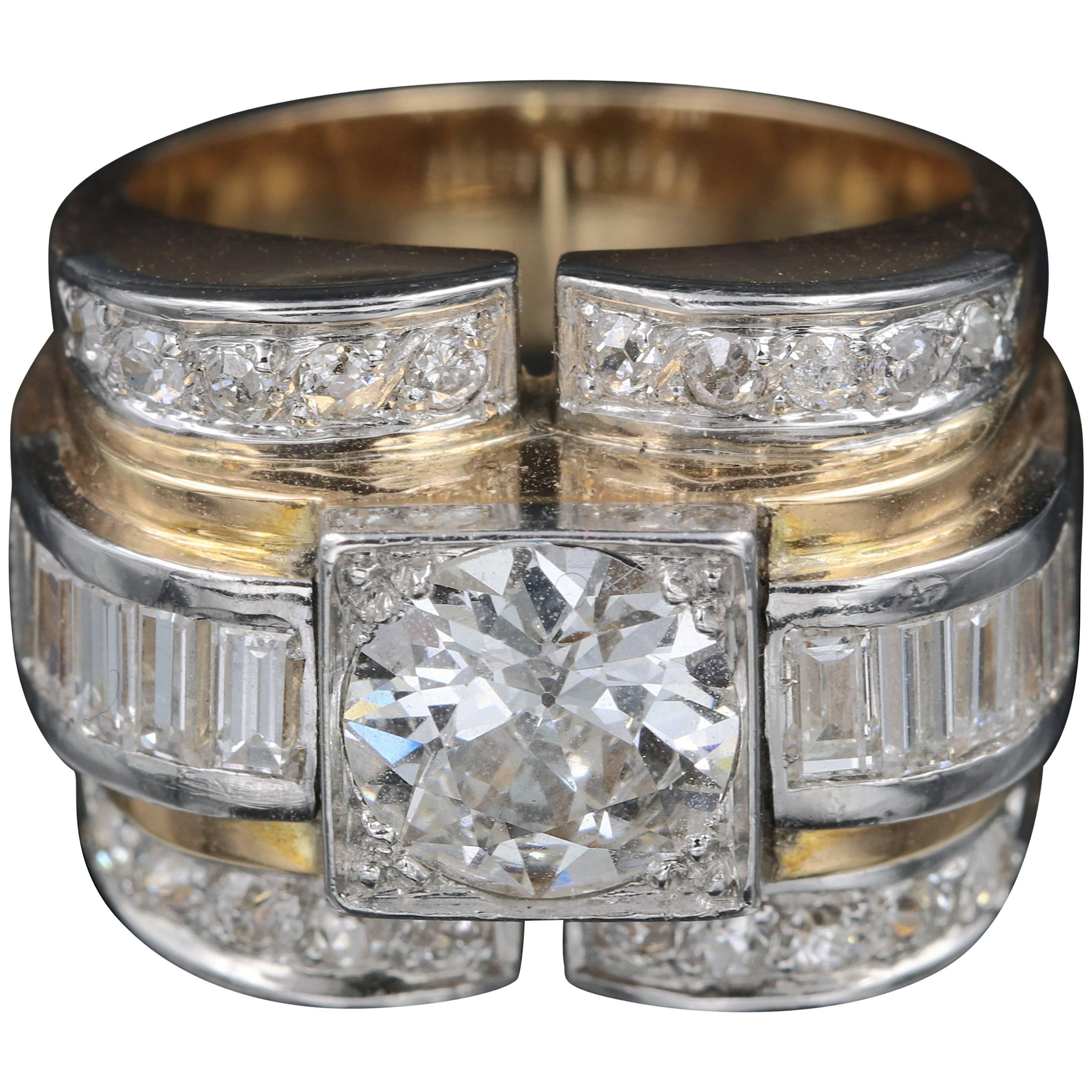 Gold, Platinum and Diamonds Tank Ring, French Made at 1stDibs