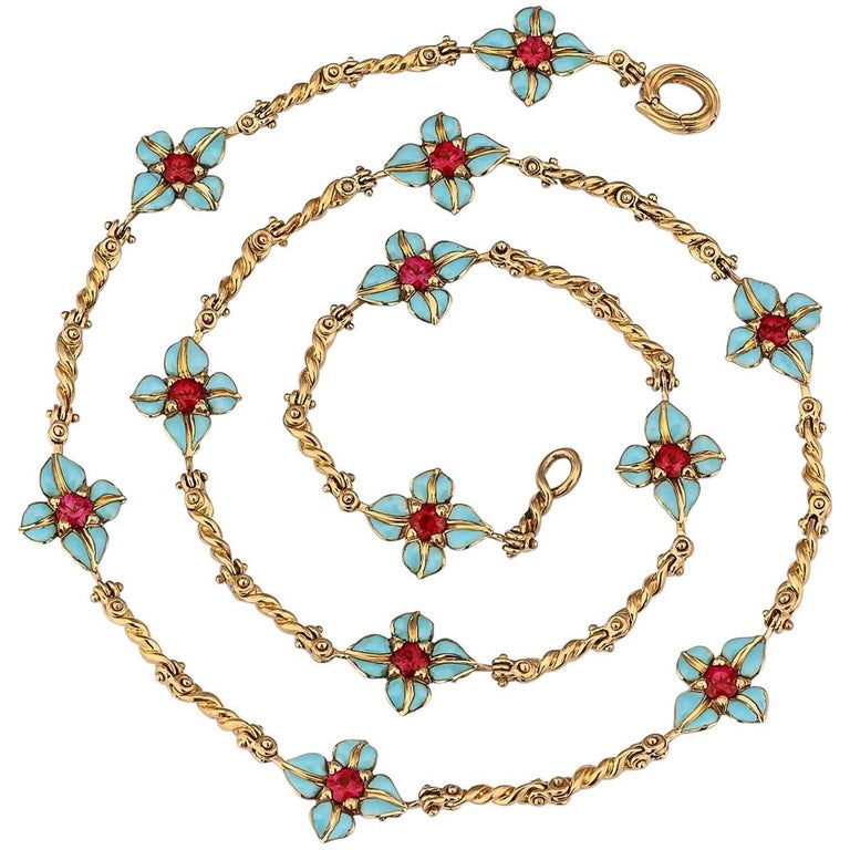 Otto Jacob Burmese Ruby Gold Enamel Floral Necklace at 1stDibs