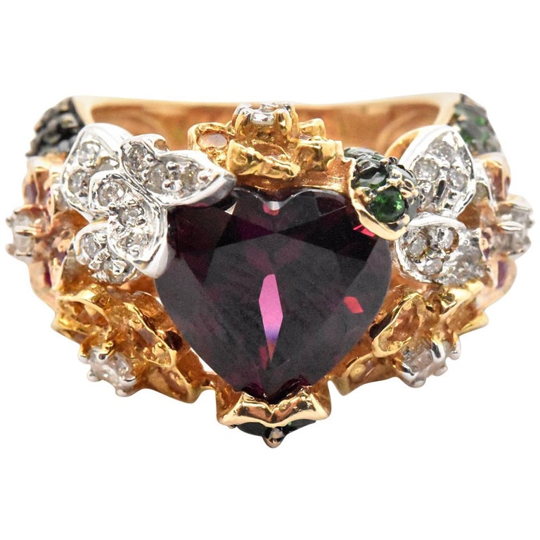 Red Garnet Two-Tone Cocktail Ring with Diamonds, Tsavorites and ...