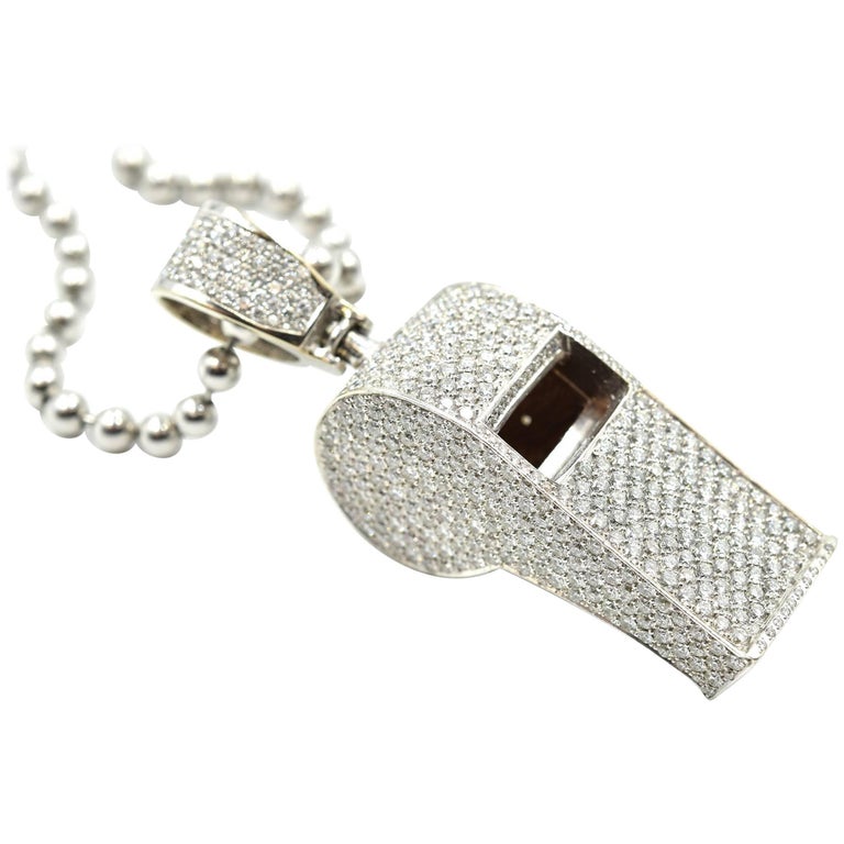 White Gold, 13.50 Carat Pave Diamond Set Whistle on White Gold Beaded ...
