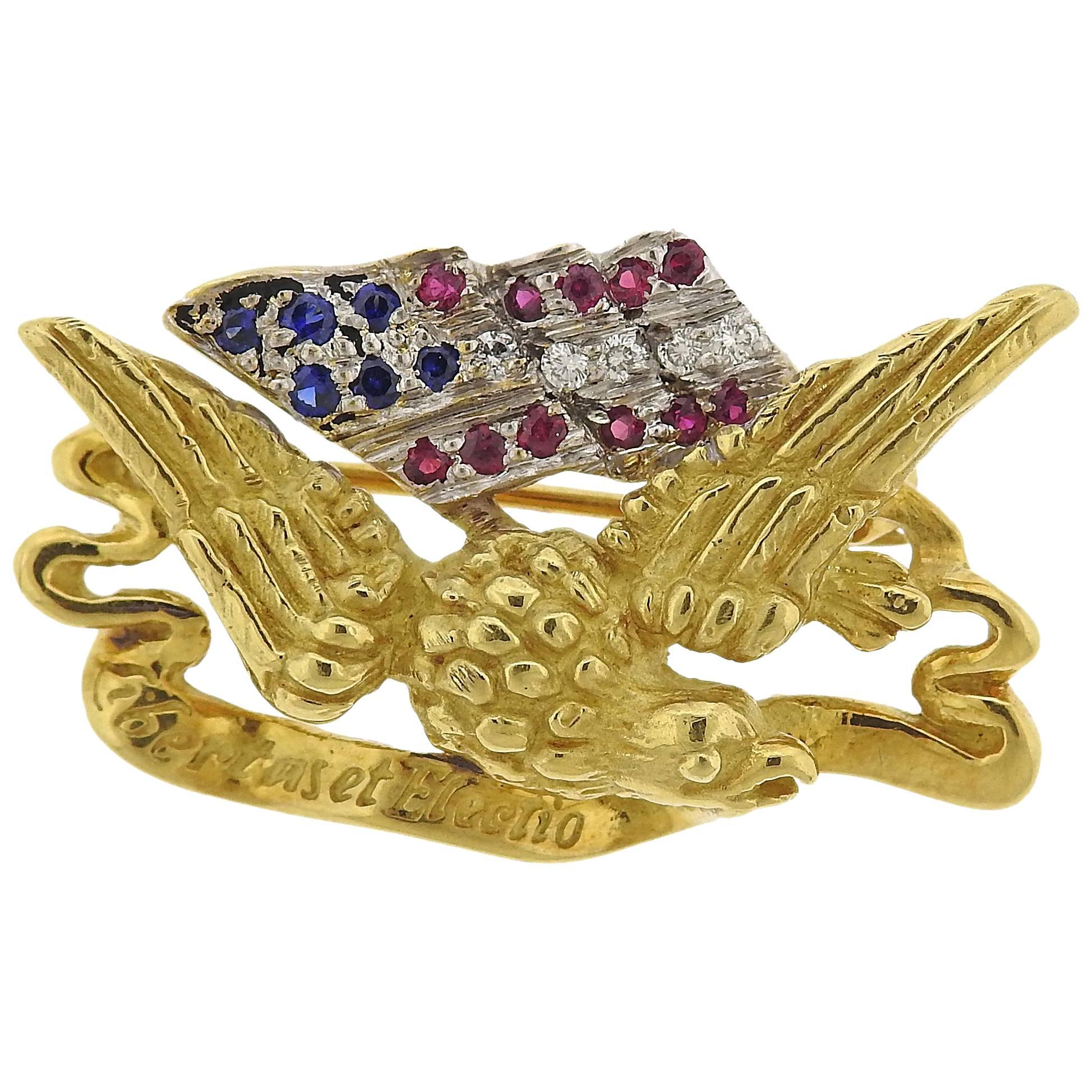 Haume Diamond Ruby Sapphire Gold Freedom Eagle American Flag Lapel Pin ...