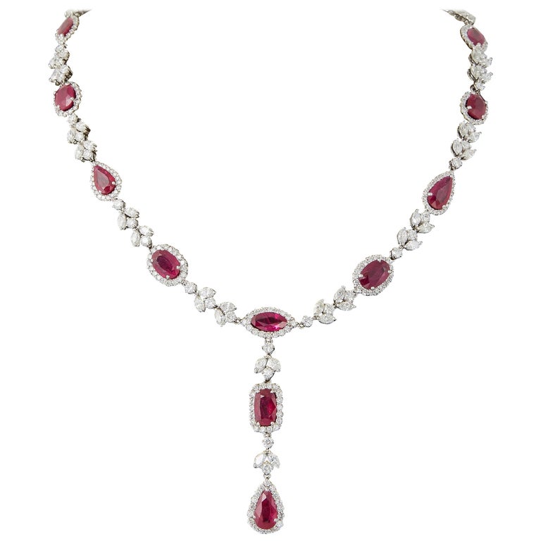 Multi Shape Ruby and Diamond Drop Necklace For Sale at 1stDibs