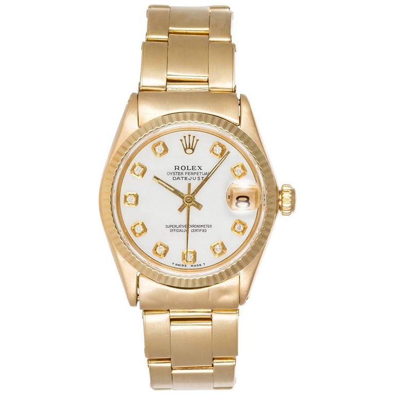 Rolex Yellow Gold Diamond Dial Mother-of-Pearl Datejust Wristwatch Ref ...