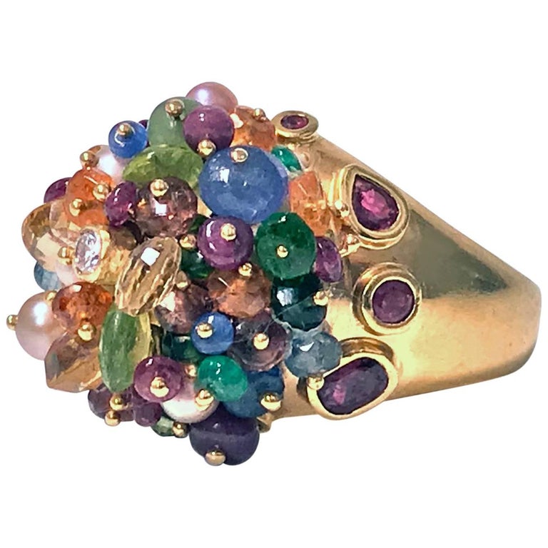 Large 1950s French 18 Karat Tutti Frutti Dome Cocktail Ring at 1stDibs