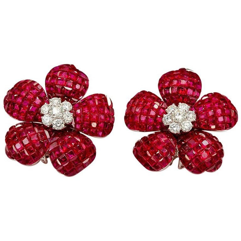 18K White gold Ruby Invisible Flower Earrings at 1stDibs | ruby flower ...