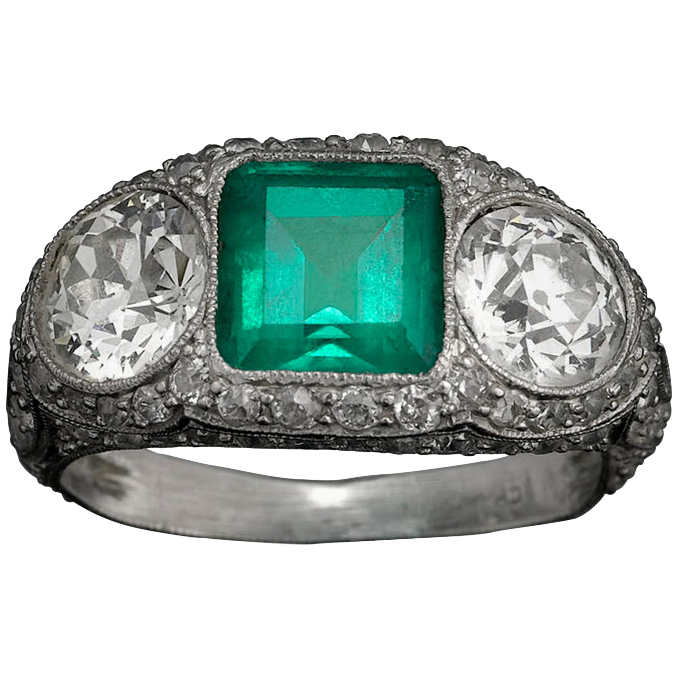 Art Deco Rhombus Shaped Diamond Emerald Gold Ring at 1stDibs