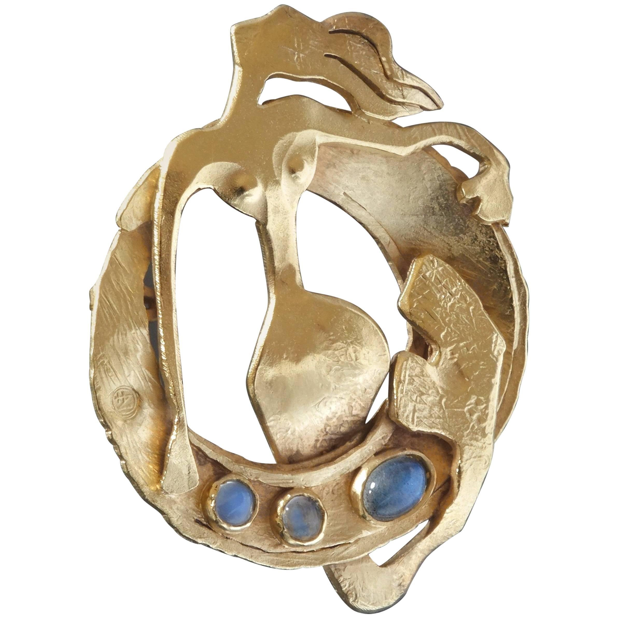 1970s Herbert Zeitner Modernist Mermaid Gilt Silver Vermeil Moonstone ...