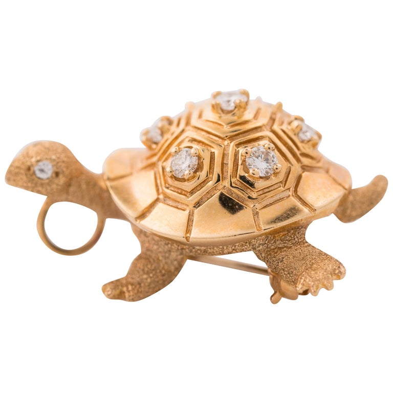 1950s Diamond and 14 Karat Yellow Gold Turtle Brooch Lapel Pin For Sale ...
