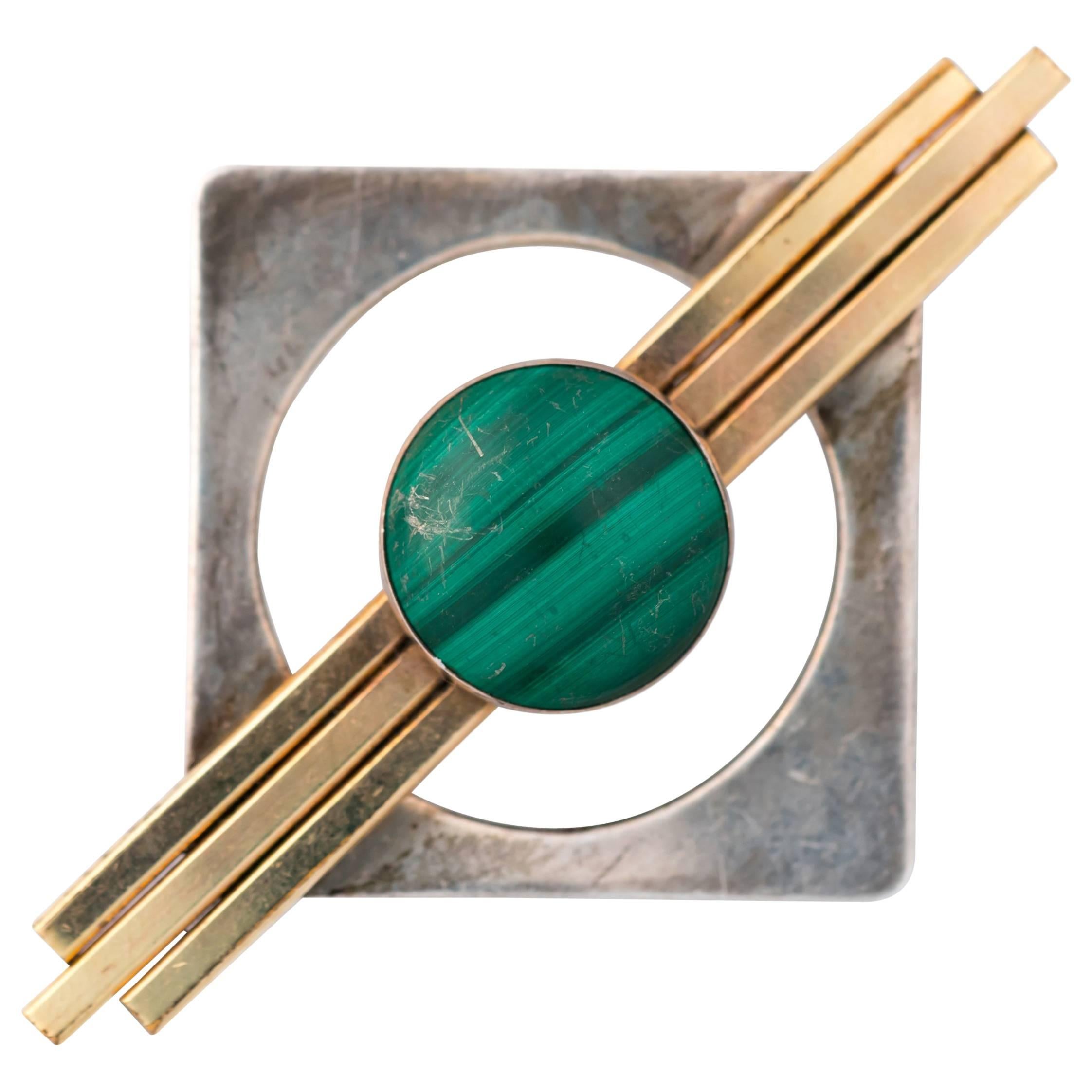 1950s Malachite Geometric Brooch in Sterling Silver and 18 Karat Gold ...