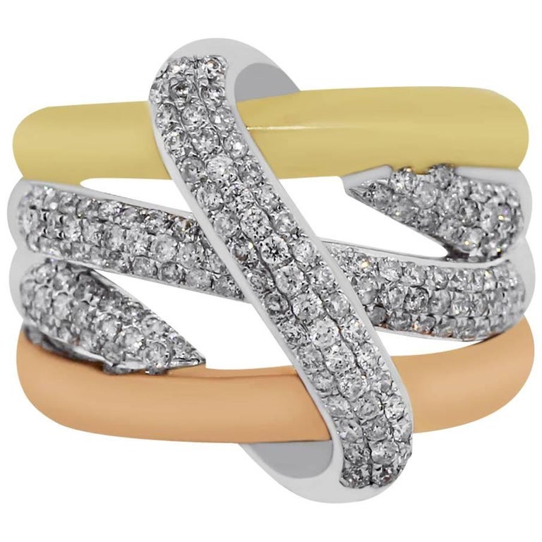 Tri-Color Diamond Crossover Ring at 1stDibs