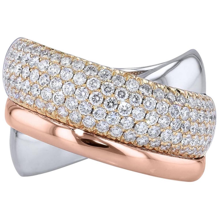 Diamond Tri-Color Gold Cross-Over Band Ring 1.23 Carat Total Weight For ...