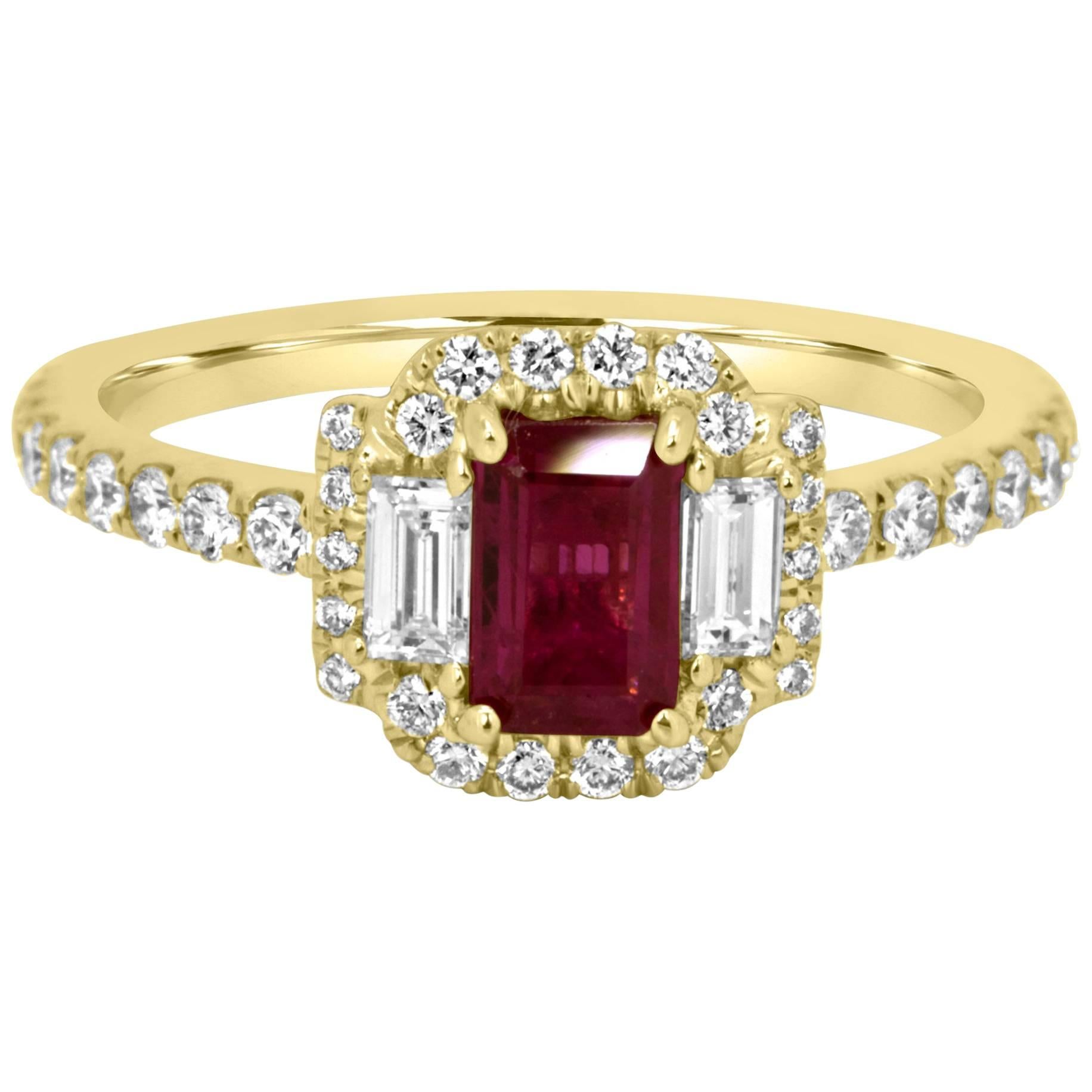 Ruby Emerald Cut White Diamond Halo Three-Stone Bridal Fashion Yellow ...