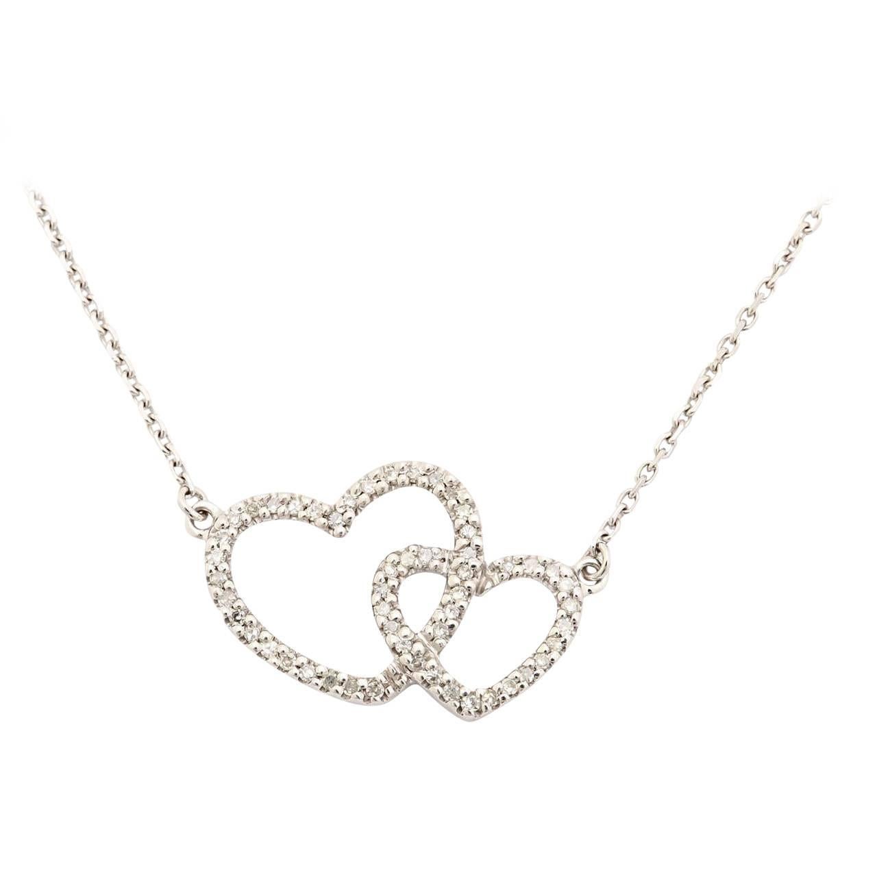 Diamond Gold Double Heart Pendant Necklace For Sale at 1stDibs