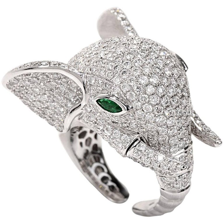 21st Century Diamond Emerald 18-karat Elephant Cocktail Ring at 1stDibs