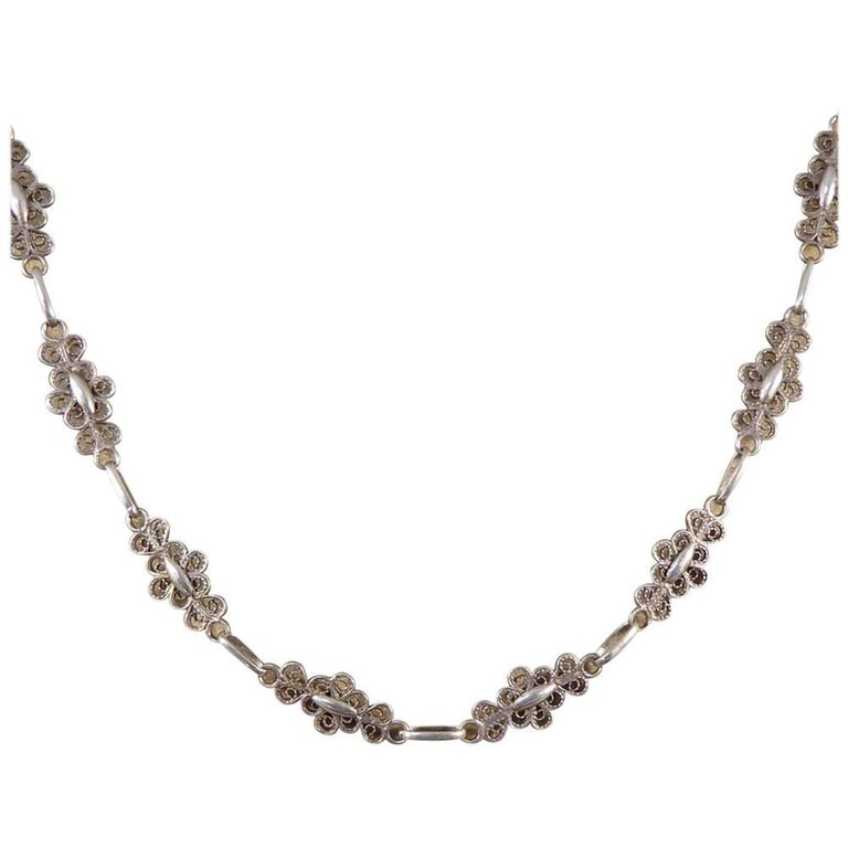 Late Victorian Long Silver Guard Chain with Decorative Links at 1stDibs