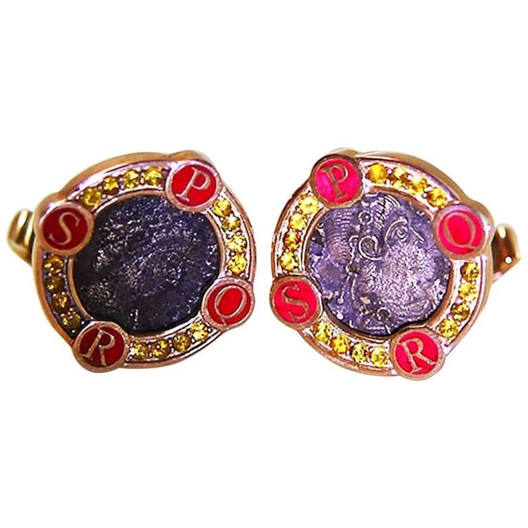 Antique Coins Citrines Silver Enamel Roman Cufflinks For Sale at ...