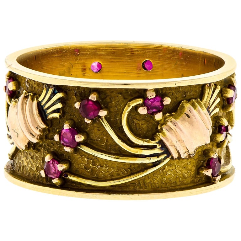 Wonderful Retro Tri-Color Gold and Ruby Wide Wedding Band at 1stDibs