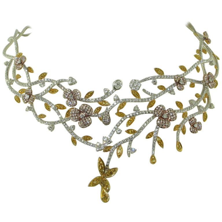 Floral Natural Multi Color Diamond Necklace For Sale at 1stDibs | multi ...
