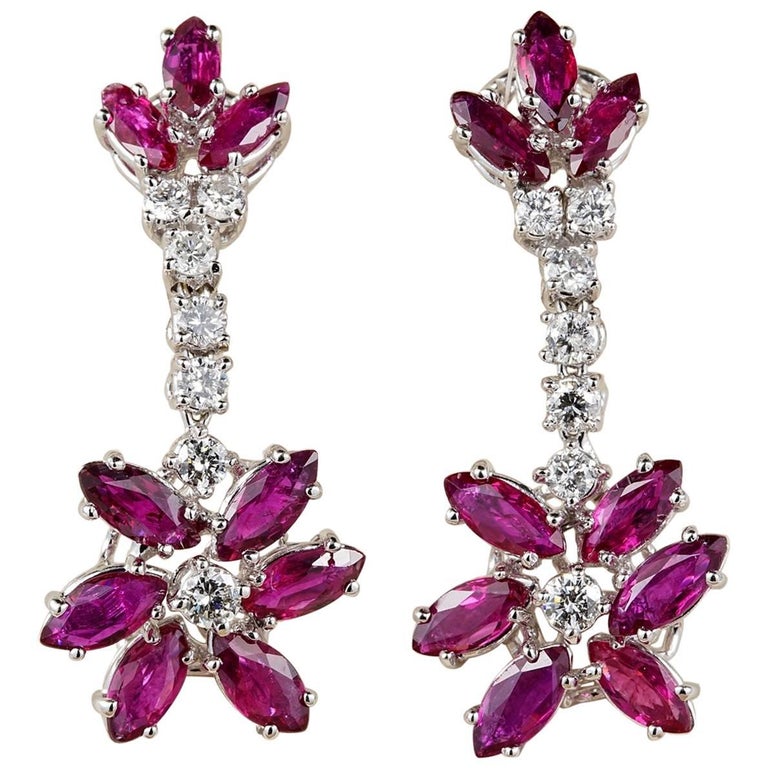 Vintage Flower Ruby Diamond Drop Earrings at 1stDibs