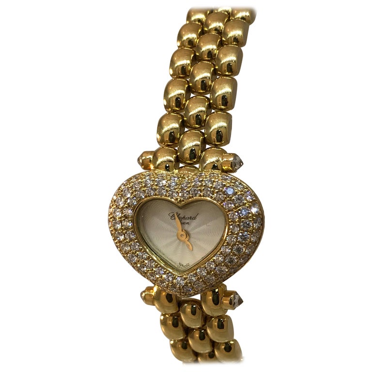 Chopard Ladies Yellow Gold Diamond Heart Shaped Bracelet Wristwatch For ...