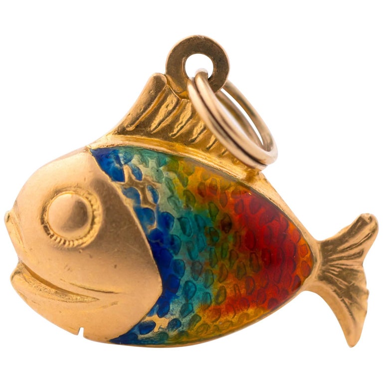 1950s Rainbow Enamel and 14 Karat Yellow Gold Fish Pendant Charm at 1stDibs