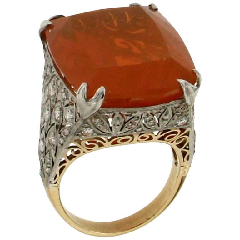 Flame Tipped Diamond and Fire Opal Ring For Sale at 1stdibs