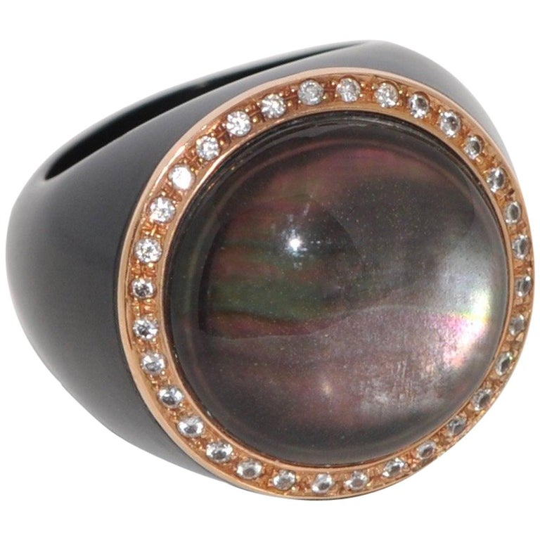 Bakelite, Quartz and White Diamonds Rose Gold Dome Ring For Sale at 1stDibs